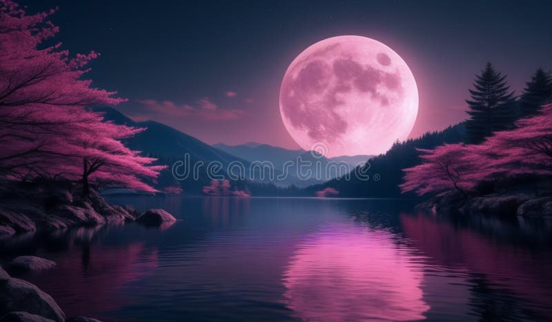 Views of Lakes and Mountains, with a Moon Pink Color Concept Stock ...