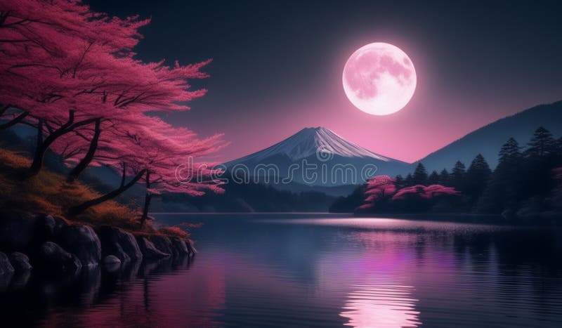 Views of Lakes and Mountains, with a Moon Pink Color Concept Stock ...