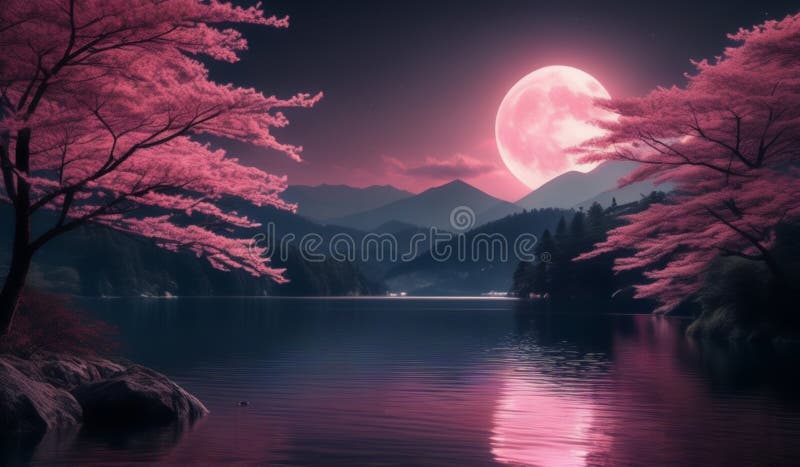 Views of Lakes and Mountains, with a Moon Pink Color Concept Stock ...