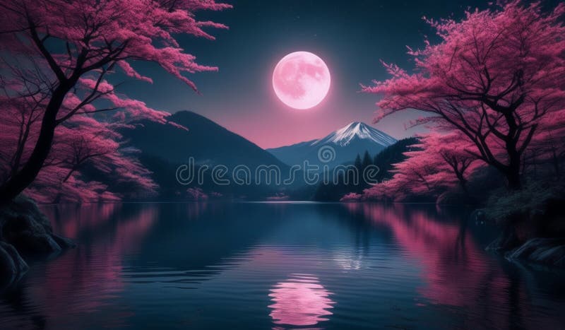 Views of Lakes and Mountains, with a Moon Pink Color Concept Stock ...