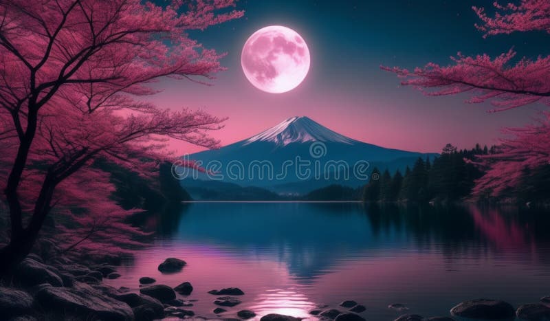 Views of Lakes and Mountains, with a Moon Pink Color Concept Stock ...