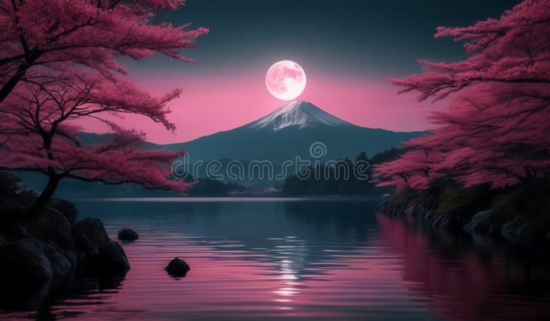 Views of Lakes and Mountains, with a Moon Pink Color Concept Stock ...
