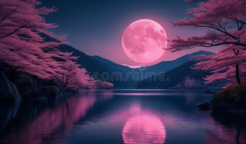 Views of Lakes and Mountains, with a Moon Pink Color Concept Stock ...