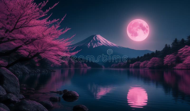 Views of Lakes and Mountains, with a Moon Pink Color Concept Stock ...