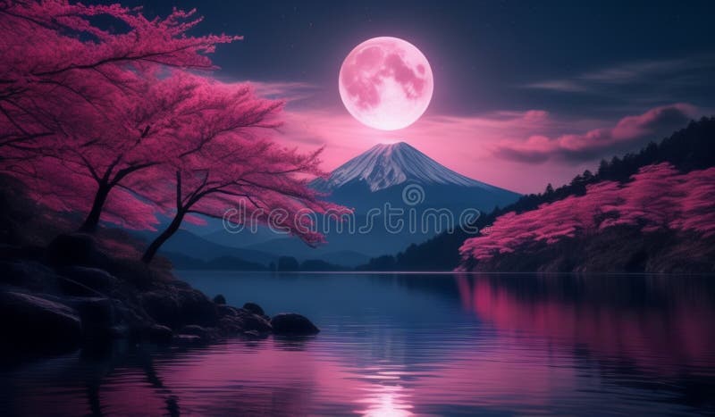 Views of Lakes and Mountains, with a Moon Pink Color Concept Stock ...