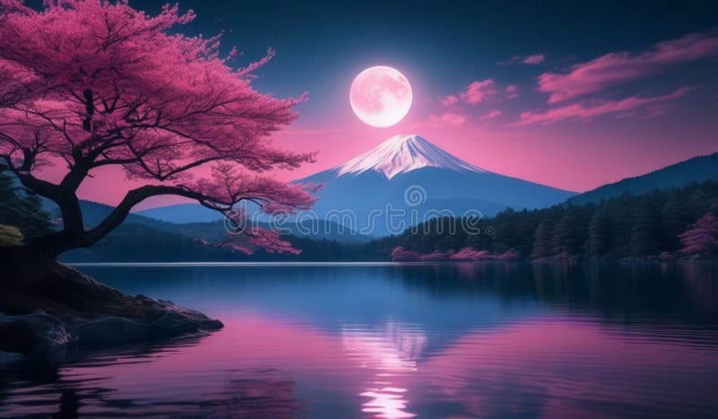 Views of Lakes and Mountains, with a Moon Pink Color Concept Stock ...