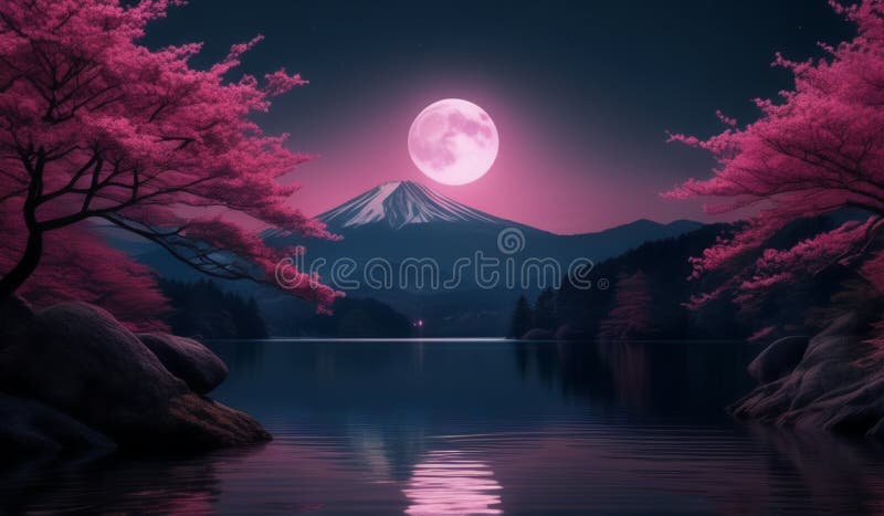 Views of Lakes and Mountains, with a Moon Pink Color Concept Stock ...