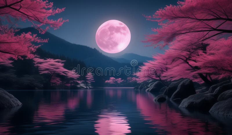 Views of Lakes and Mountains, with a Moon Pink Color Concept Stock ...