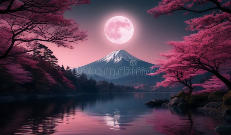 Views of Lakes and Mountains, with a Moon Pink Color Concept Stock ...
