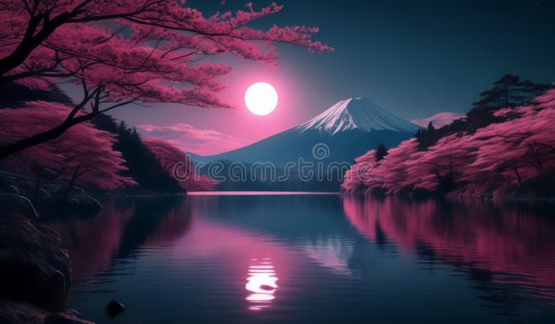 Views of Lakes and Mountains, with a Moon Pink Color Concept Stock ...