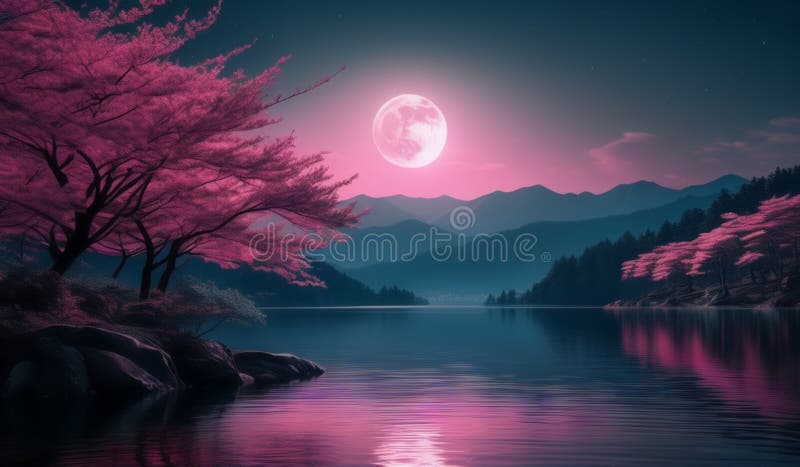 Views of Lakes and Mountains, with a Moon Pink Color Concept Stock ...