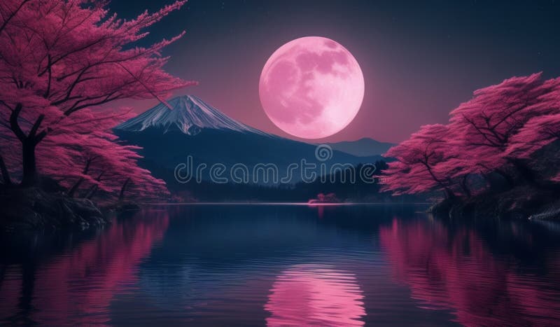 Views of Lakes and Mountains, with a Moon Pink Color Concept Stock ...