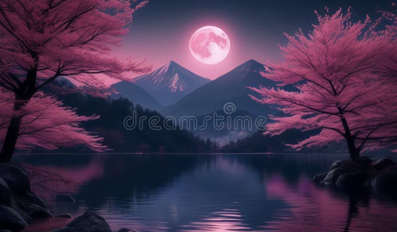 Views of Lakes and Mountains, with a Moon Pink Color Concept Stock ...