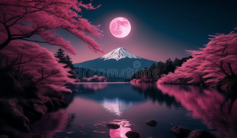 Views of Lakes and Mountains, with a Moon Pink Color Concept Stock ...