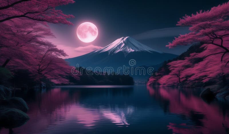 Views of Lakes and Mountains, with a Moon Pink Color Concept Stock ...