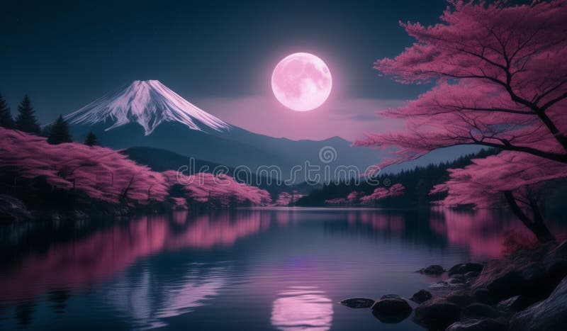 Views of Lakes and Mountains, with a Moon Pink Color Concept Stock ...