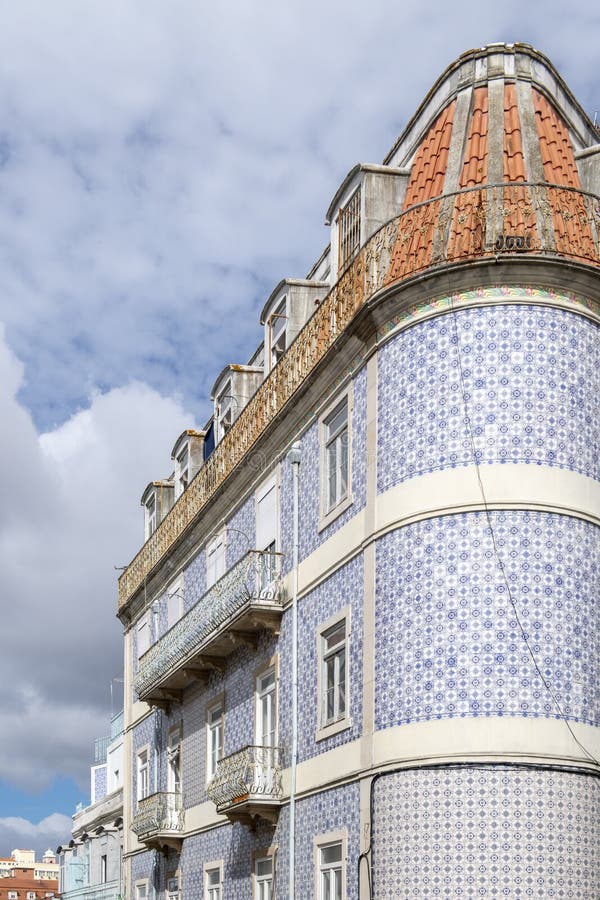 Views of a Typical Lisbon Building with the Facade Covered in Blue ...