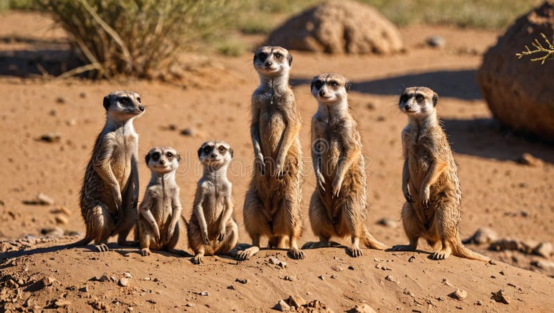 Vigilant Meerkat Family Protecting Their Desert Home Stock Illustration ...
