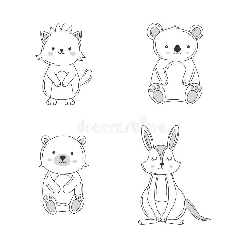 Vignetting Set of Cute Fox Koala Bear Kangaroo Doodle Cartoon Character ...