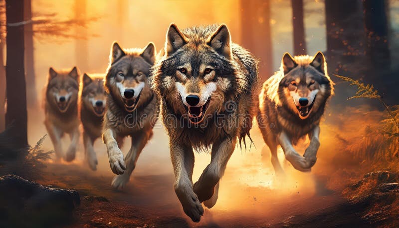 Vigorous Wolf Pack Roaming through a Mystical Forest a Captivating ...