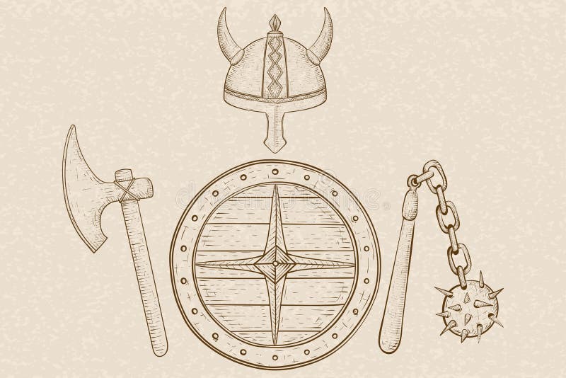 Viking Armor Set Helmets Shields And Sword Axe Colored Hand Drawn