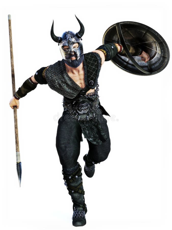 Viking Attack with Spear and Shield on an Isolated White Background ...