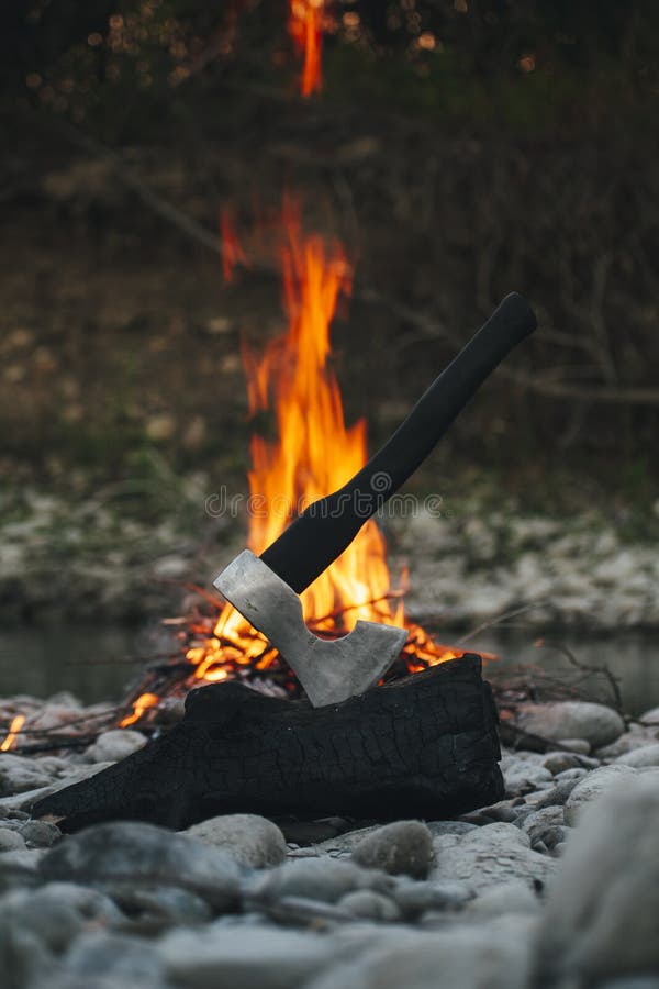 Viking Ax. an Ax Driven into a Piece of Wood. Ax in the Water Stock ...