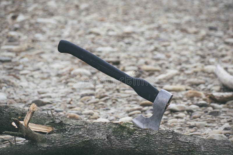 Viking Ax. an Ax Driven into a Piece of Wood. Ax in the Water Stock ...