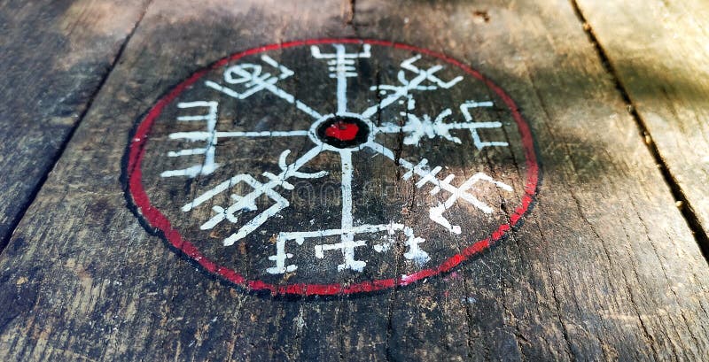 Viking Compass Rune Vegvisir is Drawn with Paints on Ough Wooden Oak ...