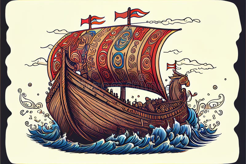 Viking Dragon on Waves, Drawing with Paints, White Background ...