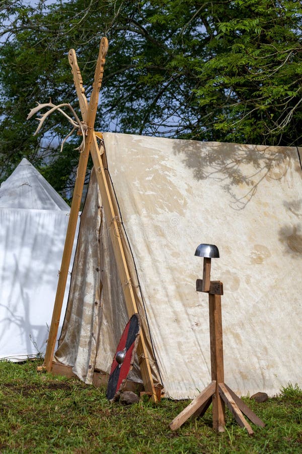 Viking Shield Leaning Against a Tent Stock Image - Image of reenactment ...
