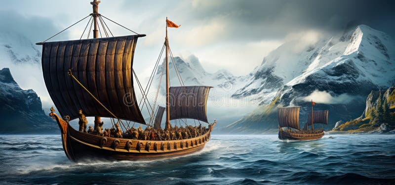 Viking Expedition Ancient Ships in the Northern Climate Stock Illustration - Illustration of ...