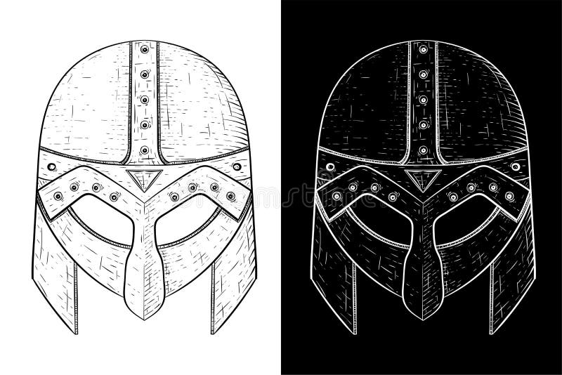 Viking Warrior Set Shield Swords And Horned Helmet Hand Drawn Sketch Stock Vector
