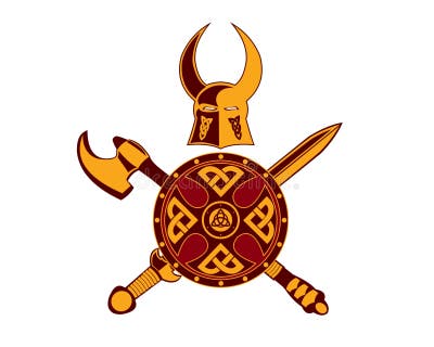 Viking Helmet with Sword, Axe and Shield Stock Vector - Illustration of ...