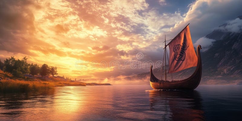 Viking Longship Sailing at Sunset with Dramatic Clouds and Serene ...