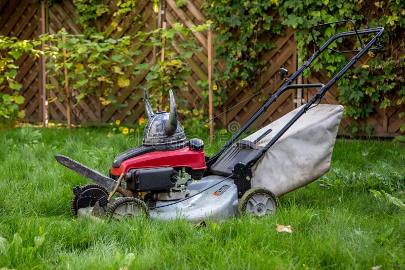Viking mower stock photo. Image of fence, mulched, gardener - 47588468
