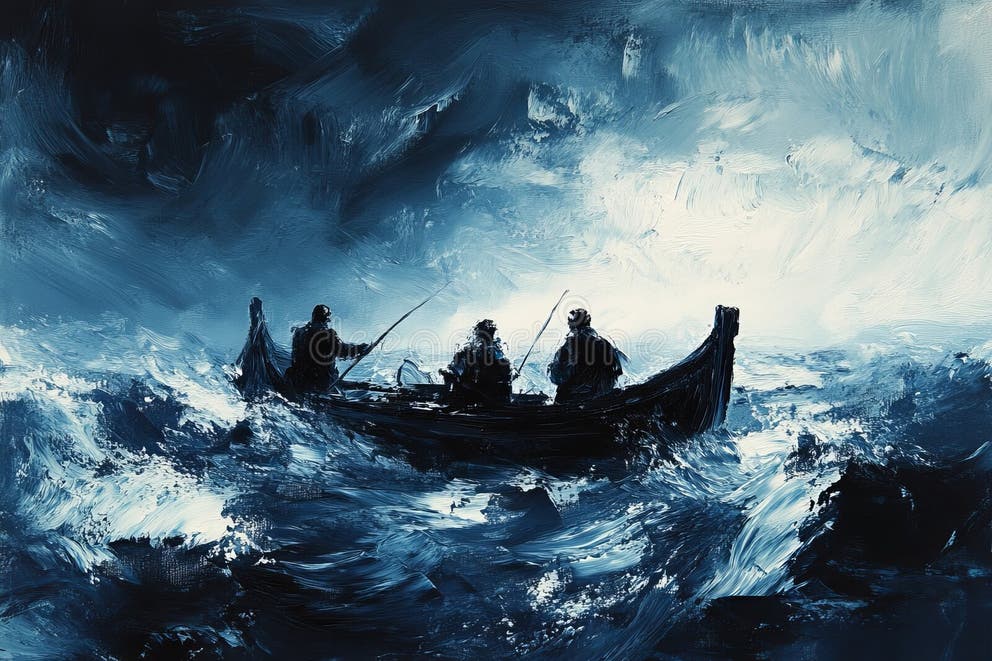 Viking Sailors Navigate Their Ship through Chaotic Waters Under a Dark ...