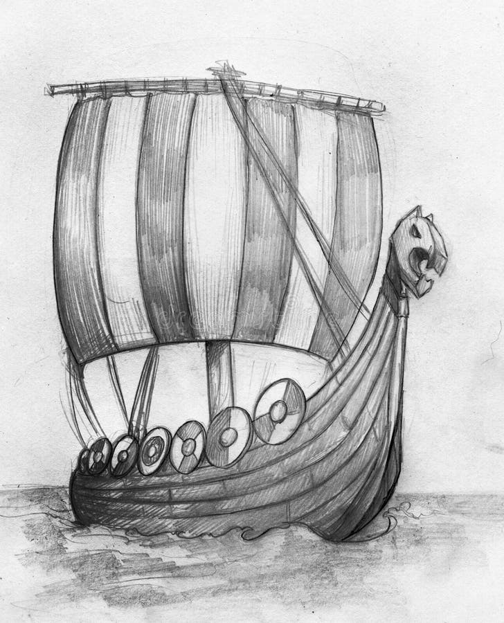 Schets Van Een Drakkar Schip Van Viking - Stock Illustratie ...
