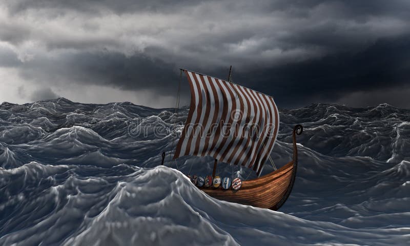 Viking Ship on the Dramatic Wavy Sea in the Storm. Stock Illustration ...