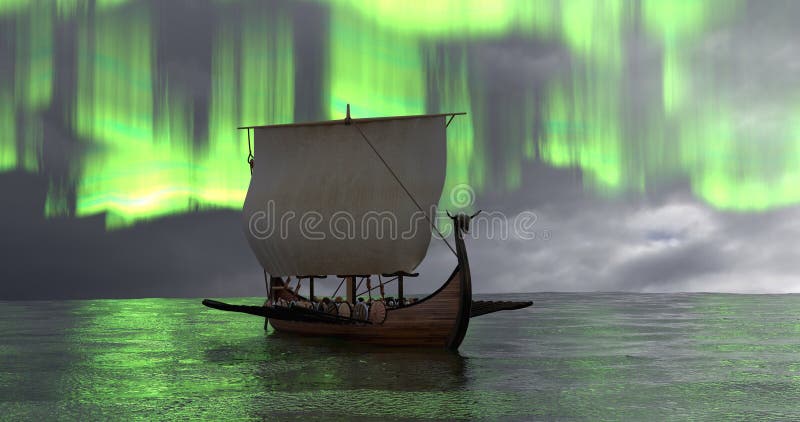 Viking Ship Longship 3D Render Image of Aurora Borealis and Sailing ...