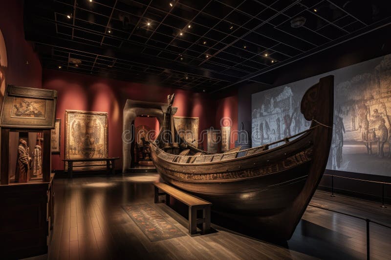 Viking Ship Museum Exhibit with Dramatic Lighting Stock Illustration ...