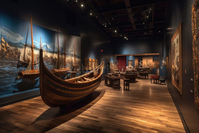 Viking Ship Museum Exhibit with Dramatic Lighting Stock Illustration ...