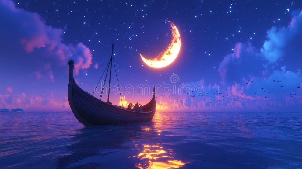 Viking Ship at Night Under a Crescent Moon Stock Illustration ...