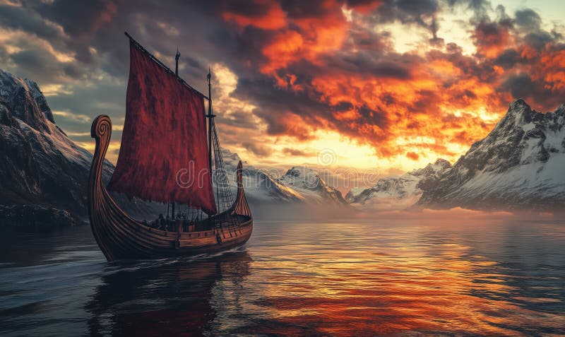 Viking Ship Sailing at Sunset in a Dramatic Fjord Landscape with ...