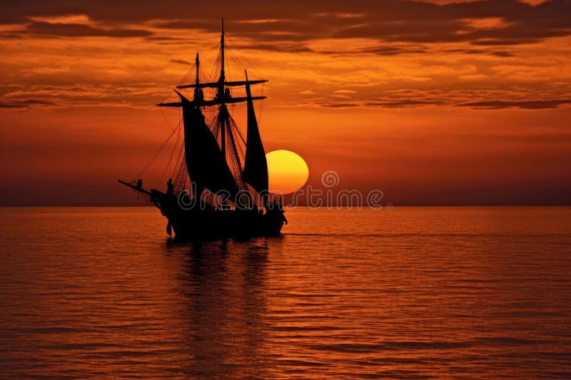 Viking Ship Sailing into Sunset, Silhouetted Stock Illustration ...