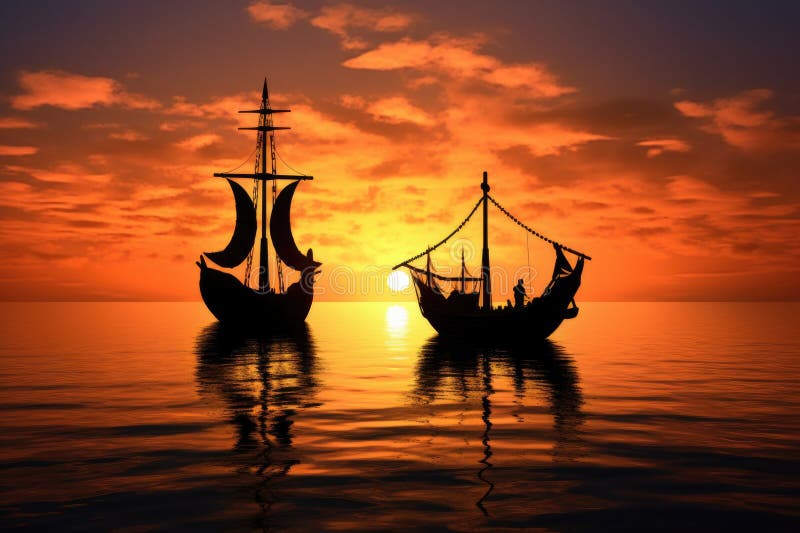 Viking Ship Sailing into Sunset, Silhouetted Stock Illustration ...
