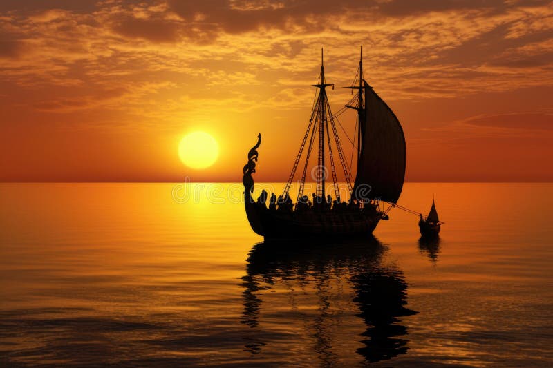 Viking Ship Sailing into Sunset, Silhouetted Stock Illustration ...