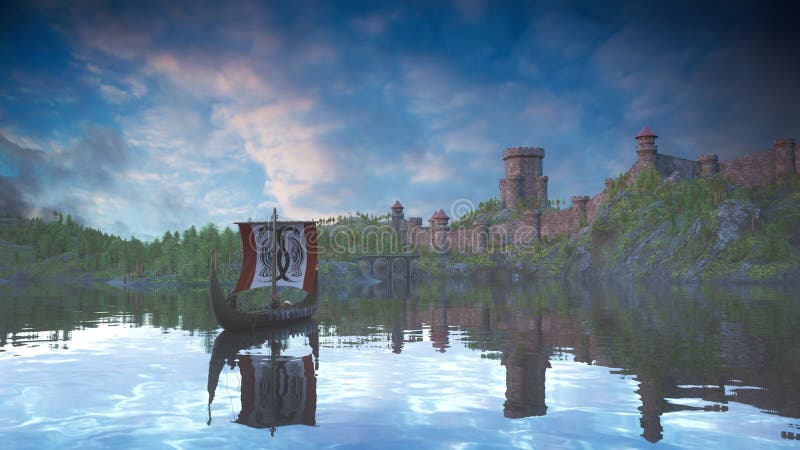 A Viking Ship Sails Along a River Towards a Medieval Castle. Widescreen ...