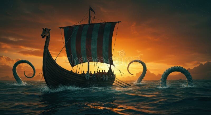 Viking Ship at Sea with Tentacled Sea Monster Against Dramatic Sunset ...