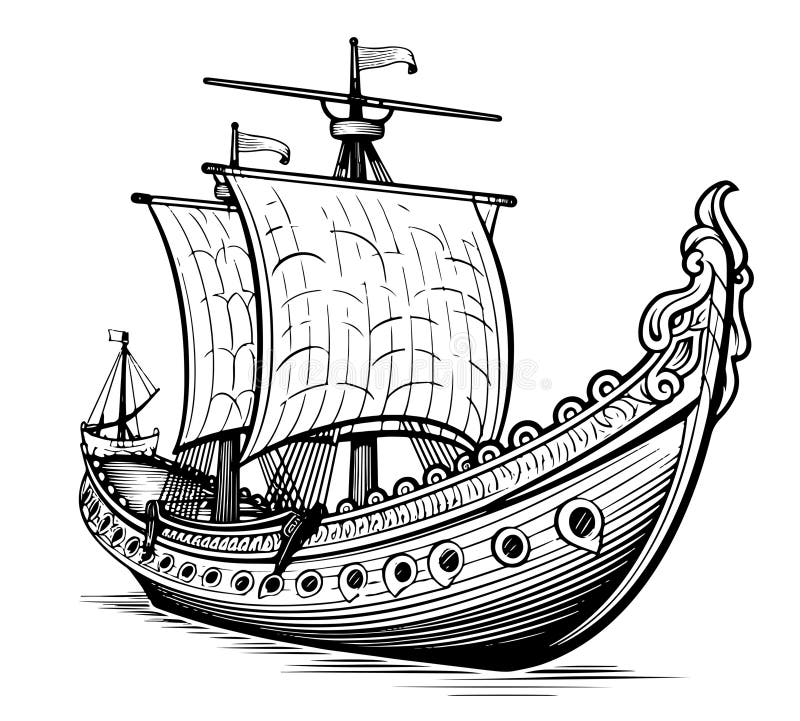 Viking Ship Sketch, Hand Drawn Vector Illustration Stock Vector ...